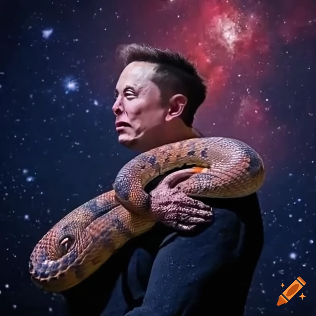 Reptiloid elon musk with a snake on his shoulder under the night sky on ...