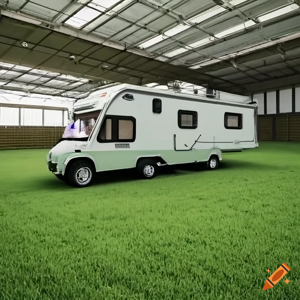 Caravan inside a hangar with sunny weather and people working on Craiyon