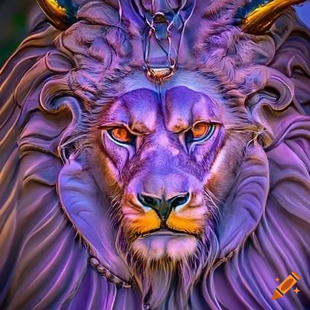 Luxury purple lion face pendant with horns and orange eyes on Craiyon