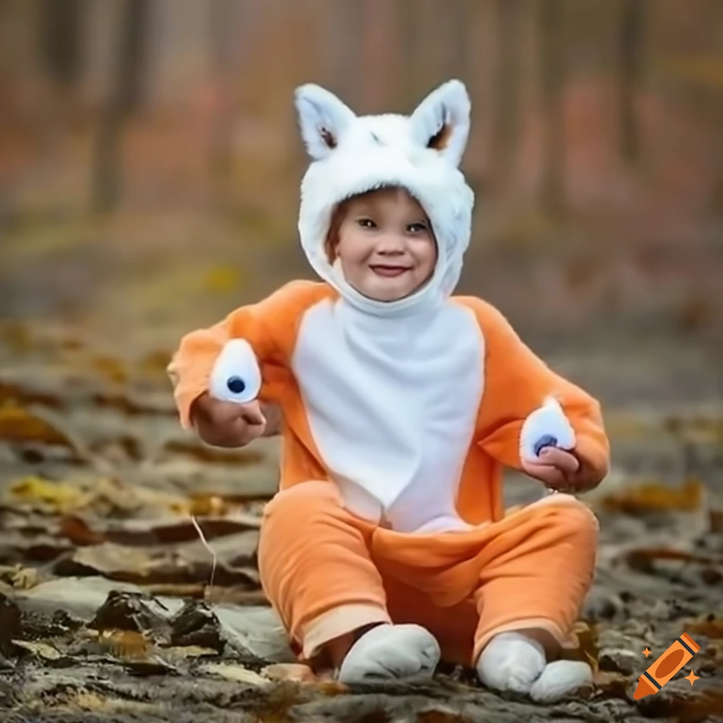 Child in an orange and white fox costume on Craiyon