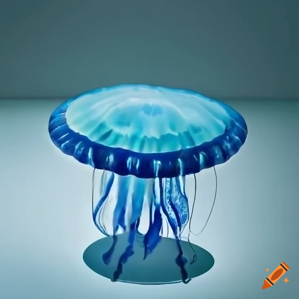 Translucent glass and blue steel jellyfish table on Craiyon