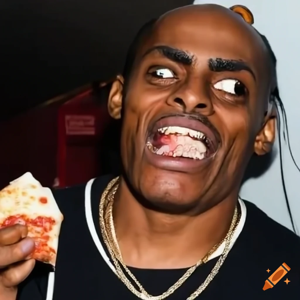 Coolio enjoying pizza near a tractor trailer on Craiyon