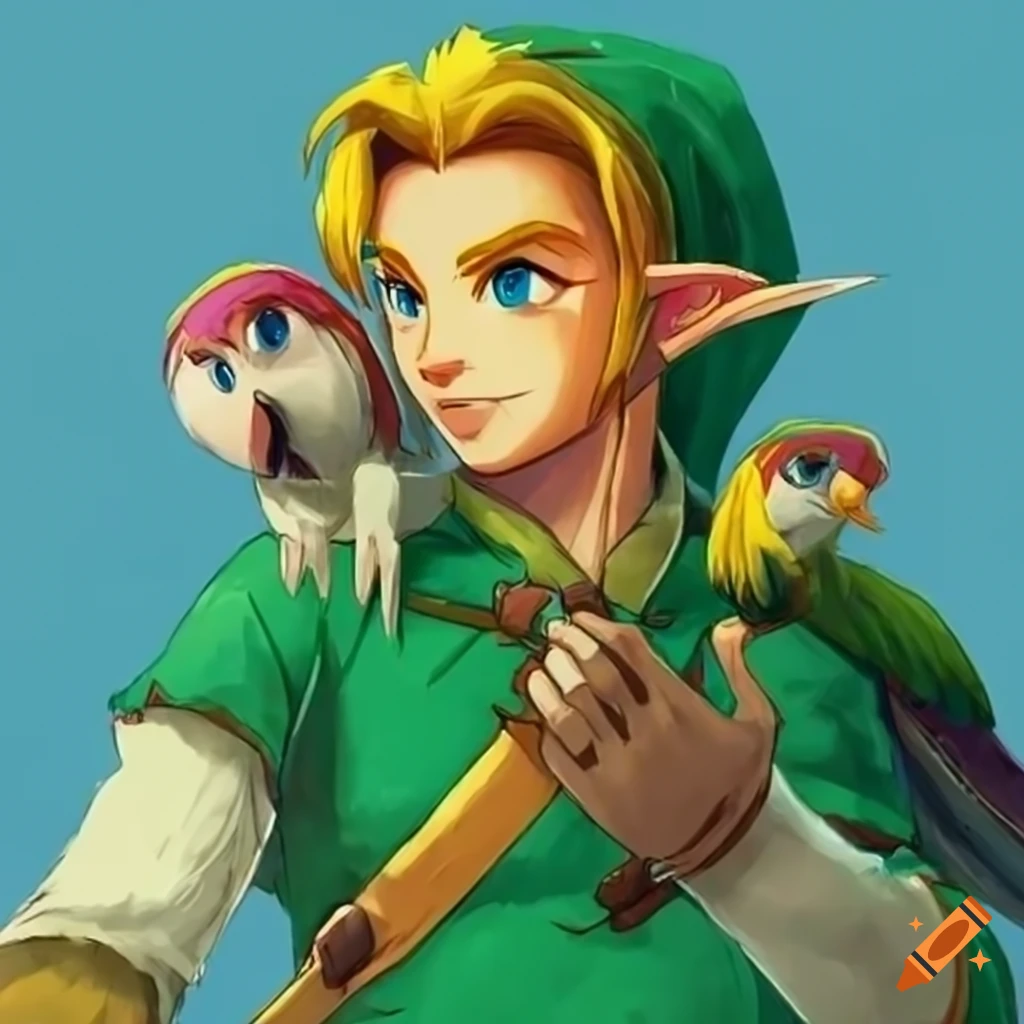 Smiling link from the legend of zelda with two parrots on his shoulders ...
