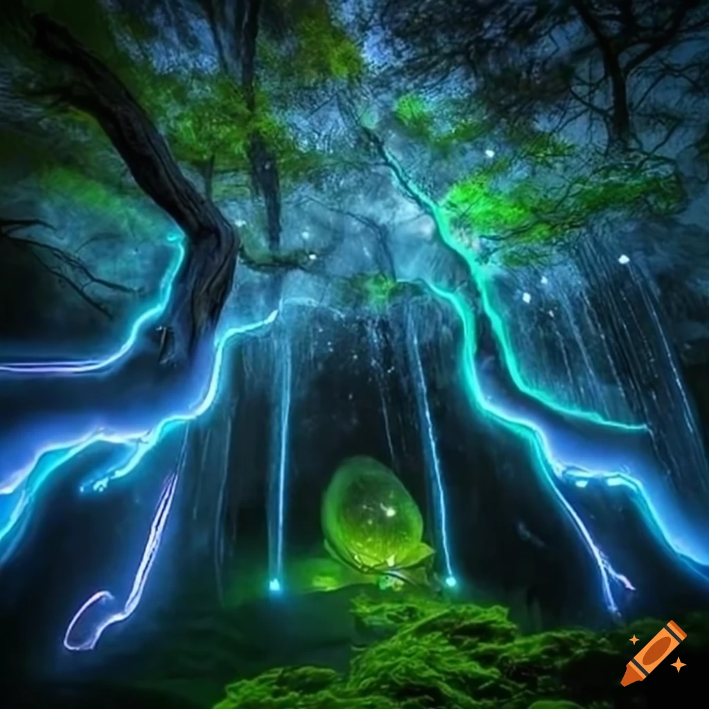 Alien environment with bioluminescent trees communicating through ...