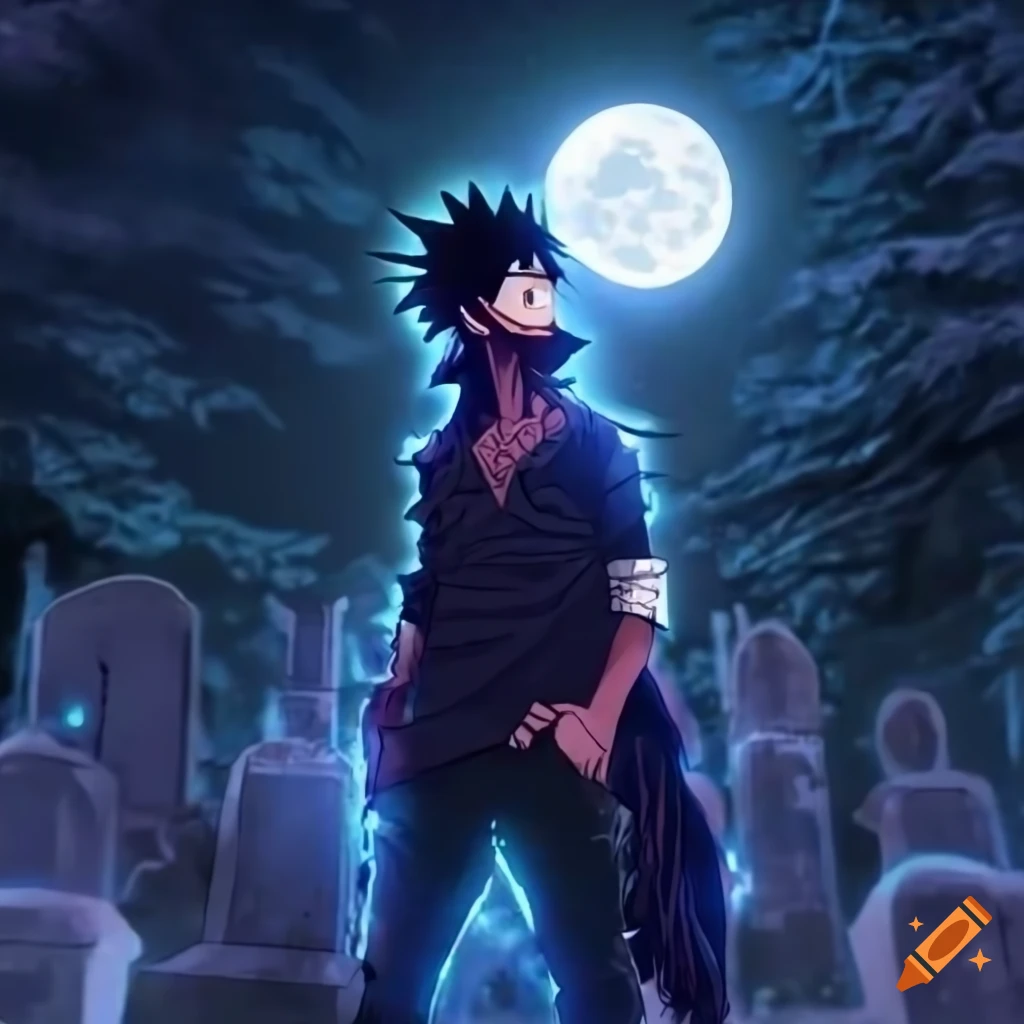 Dabi from mha standing in a cemetery under the full moon on Craiyon