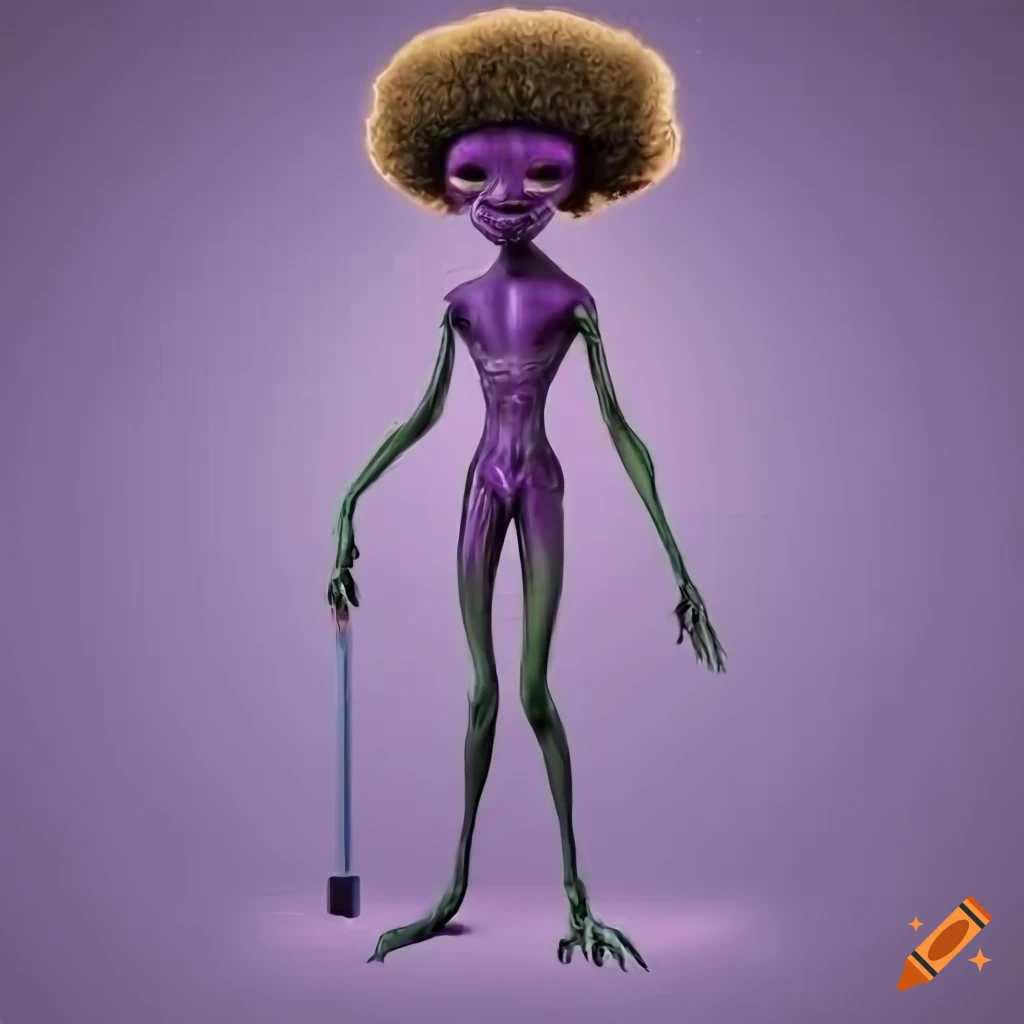 Skinny classic alien with purple eyes and Afro in a shopping mall on ...