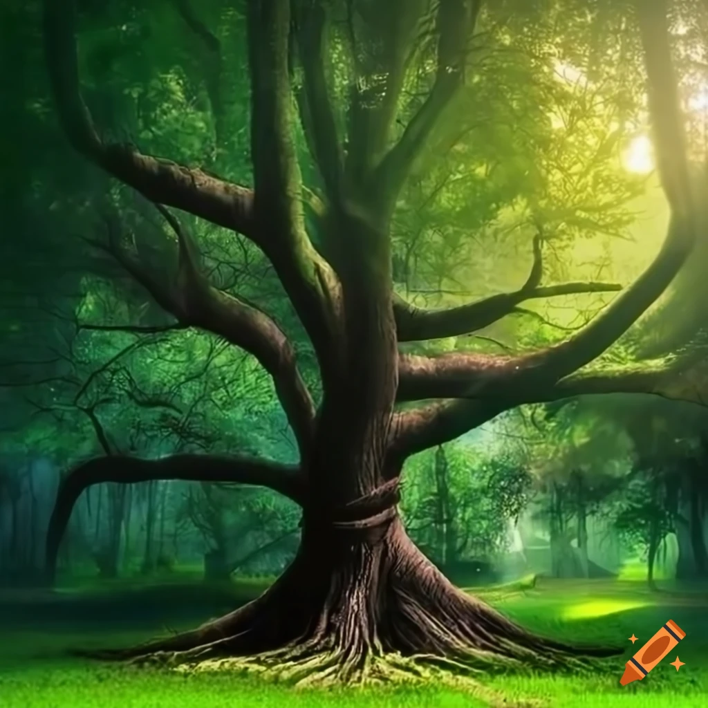 Wide tree at the edge of an enchanted forest in bright midday sun on ...