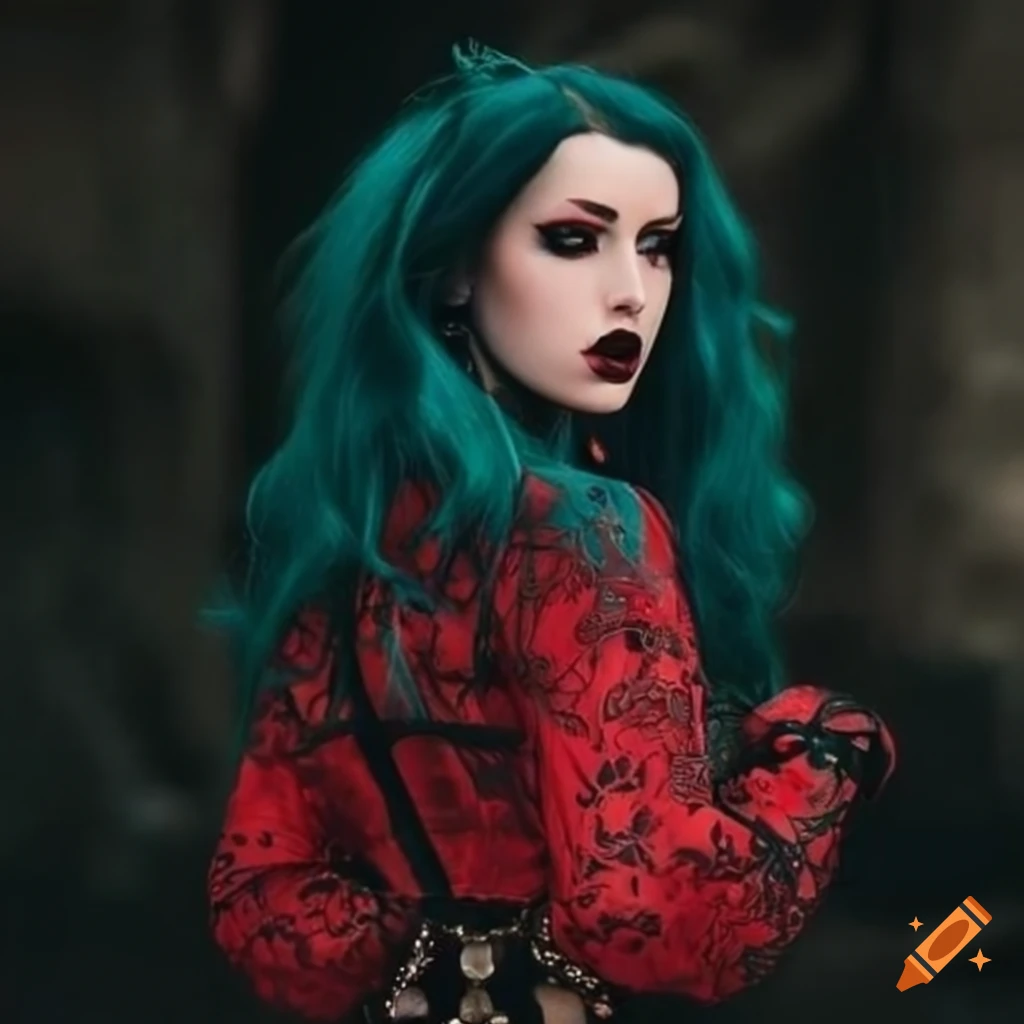 Red and teal goth outfit on Craiyon