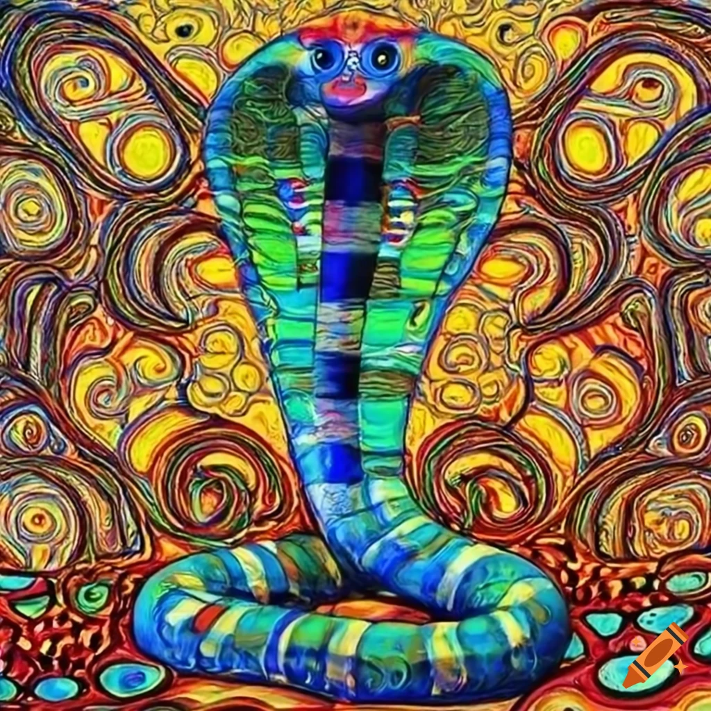 Klimt style cobra in a psychedelic cavern with golden, blue, and green ...