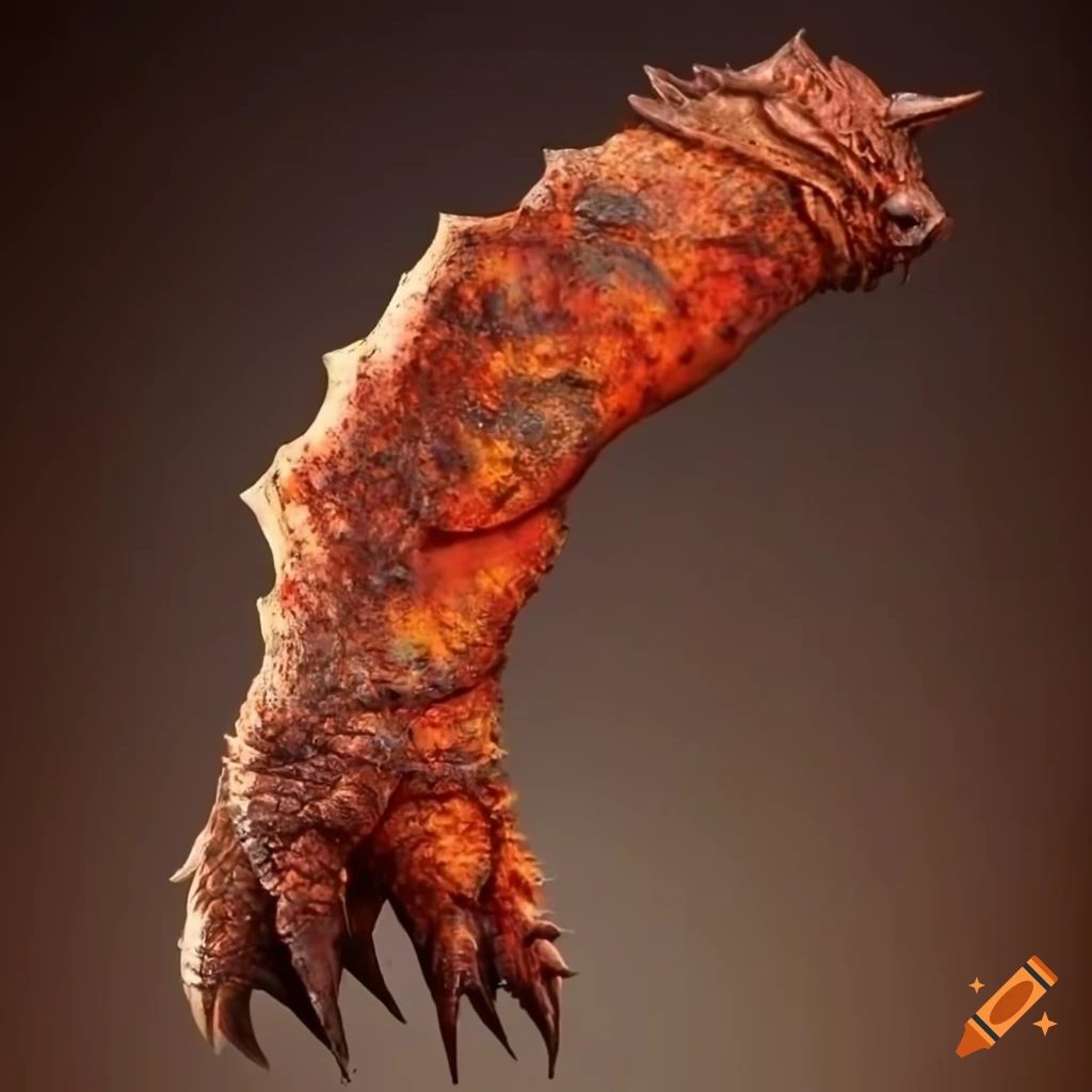 Detailed view of a dragon's red rusty leg and claws from the side on ...