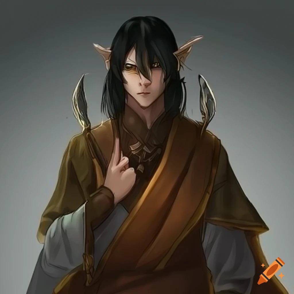 Wooden elf monk with black hair and yellow eyes on Craiyon