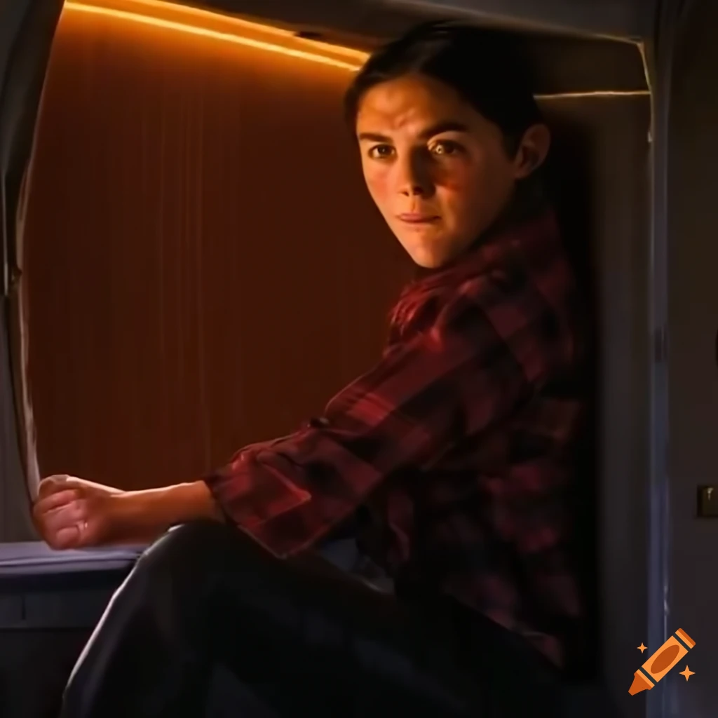 Isabelle Fuhrman in red plaid shirt and black leather trousers sitting in a caravan trailer on ...