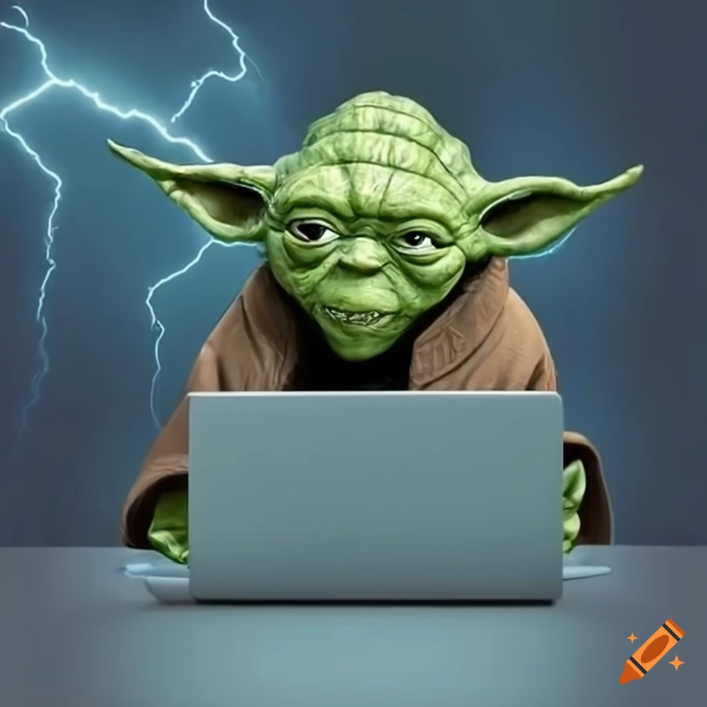 Yoda with a concerned expression working on a laptop with a stormy ...