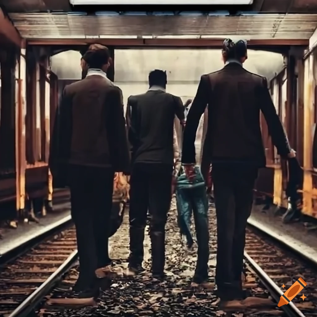 Four male friends at a train station on Craiyon