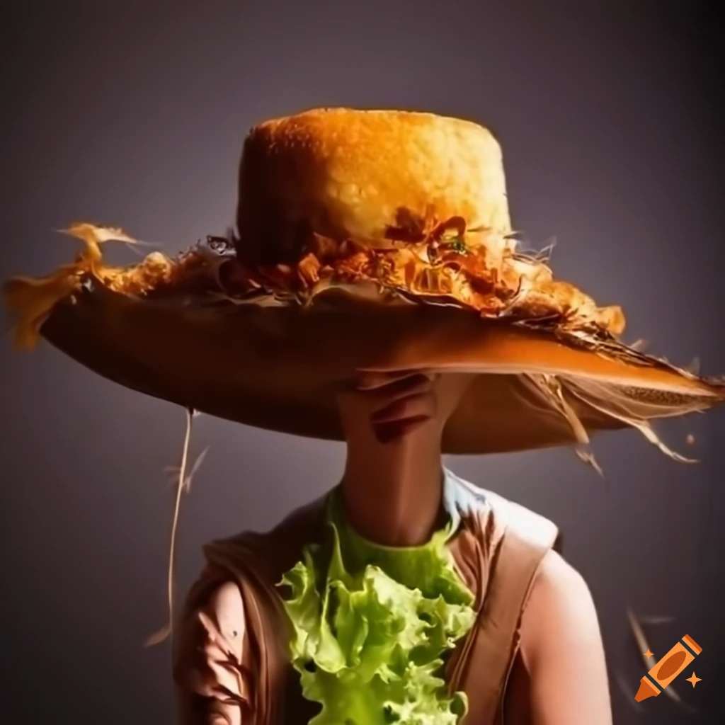 Hat with lettuce and deep fried snacks with a pheasant feather on Craiyon
