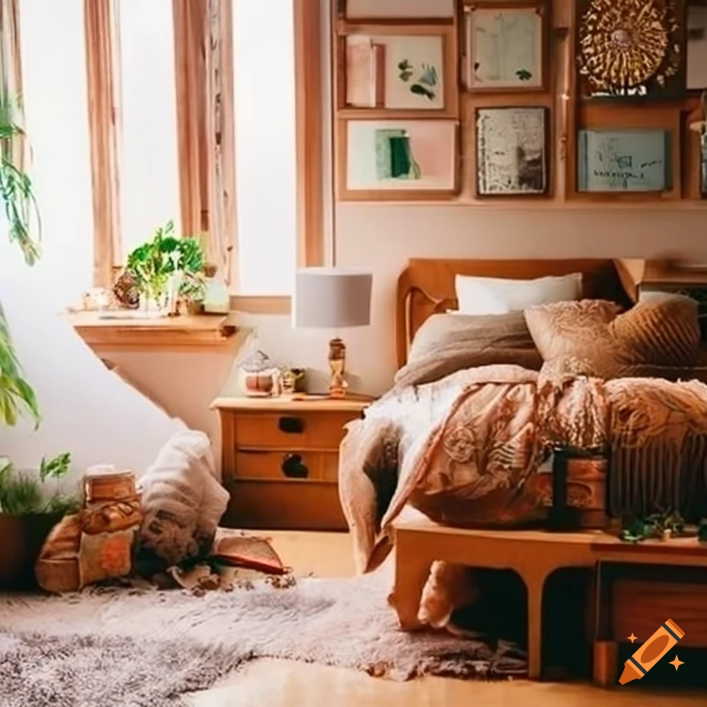 Bohemian bedroom with light academia decorations and greenery on Craiyon