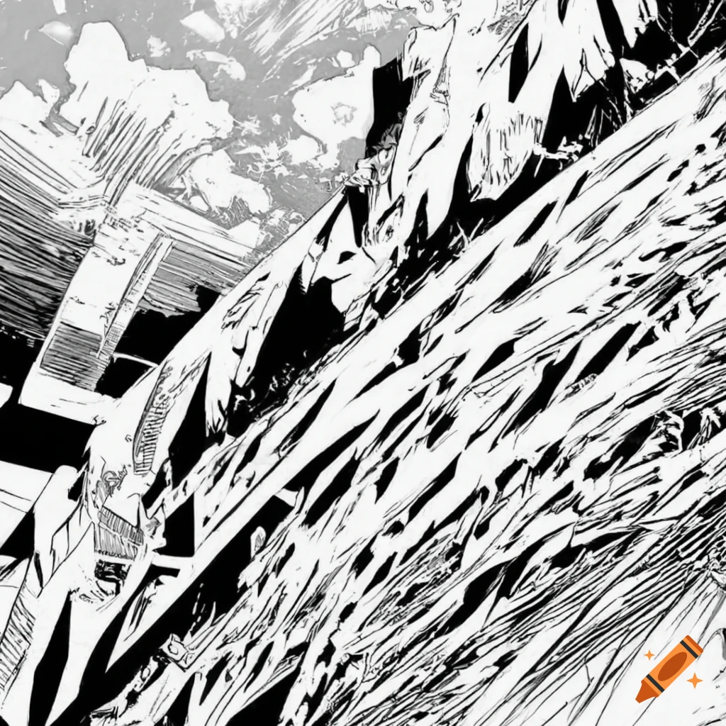 Highly detailed black and white manga panel with sharp outlines on Craiyon