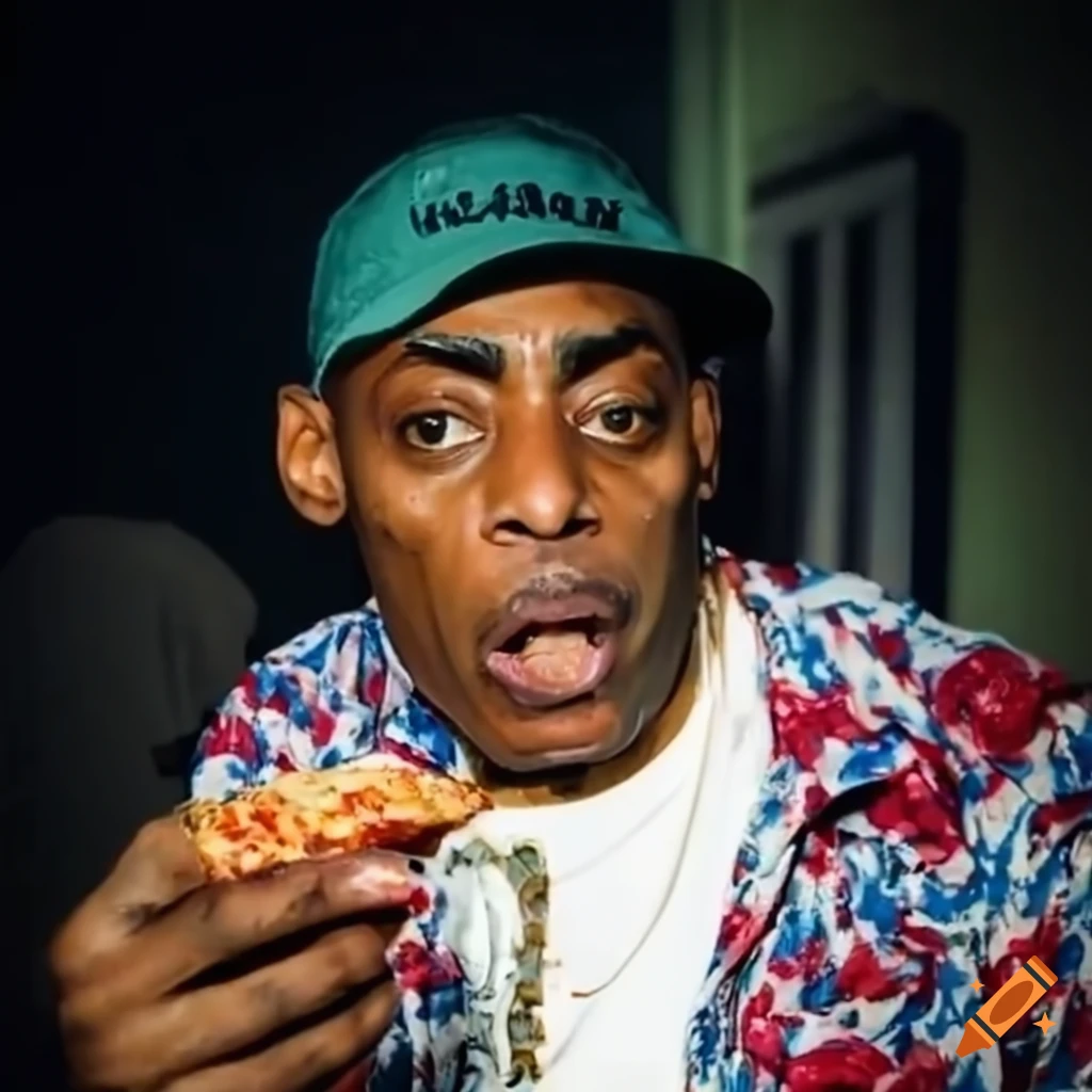 Coolio enjoying pizza near a tractor trailer on Craiyon