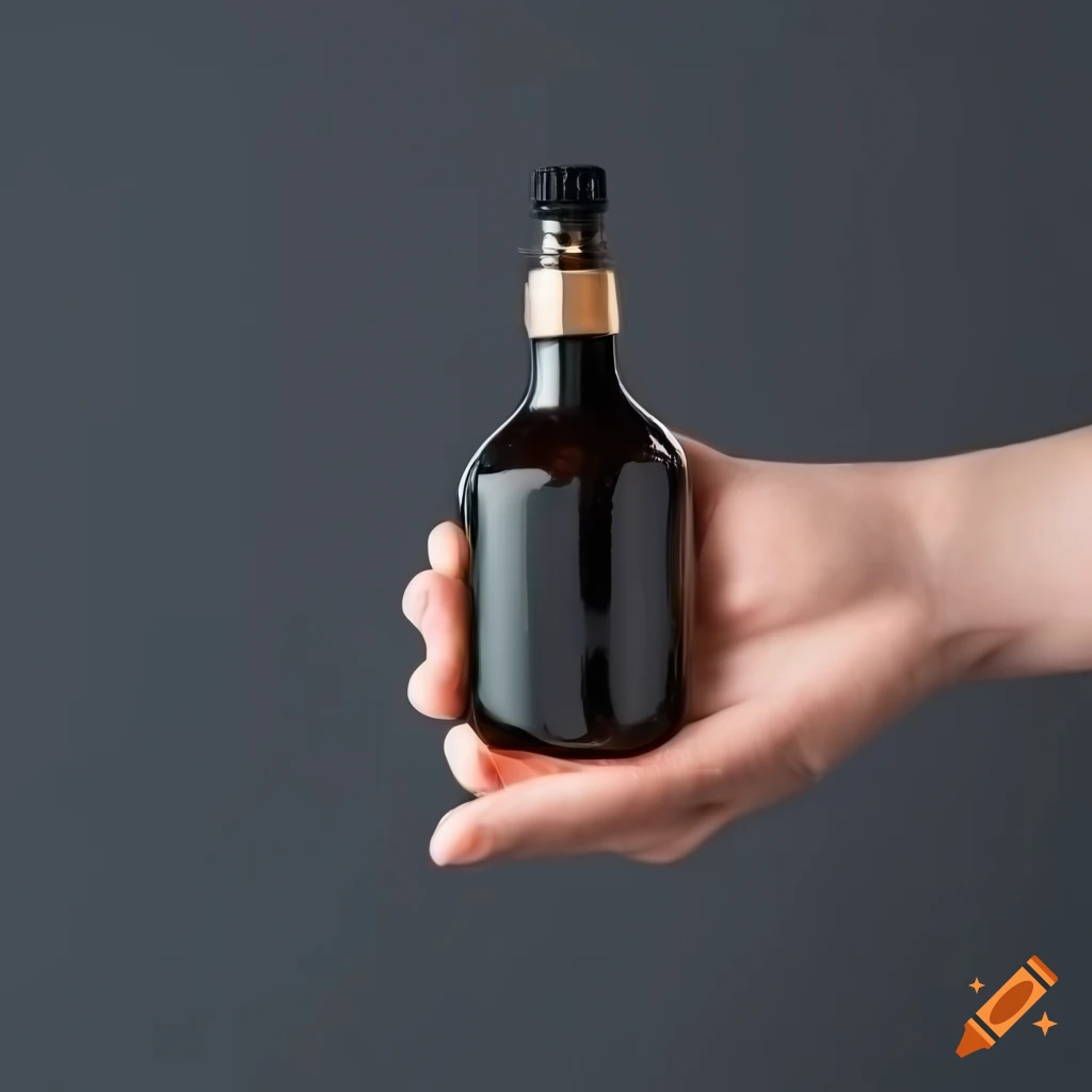 Hand holding small fancy bottle with black liquid on minimalistic ...