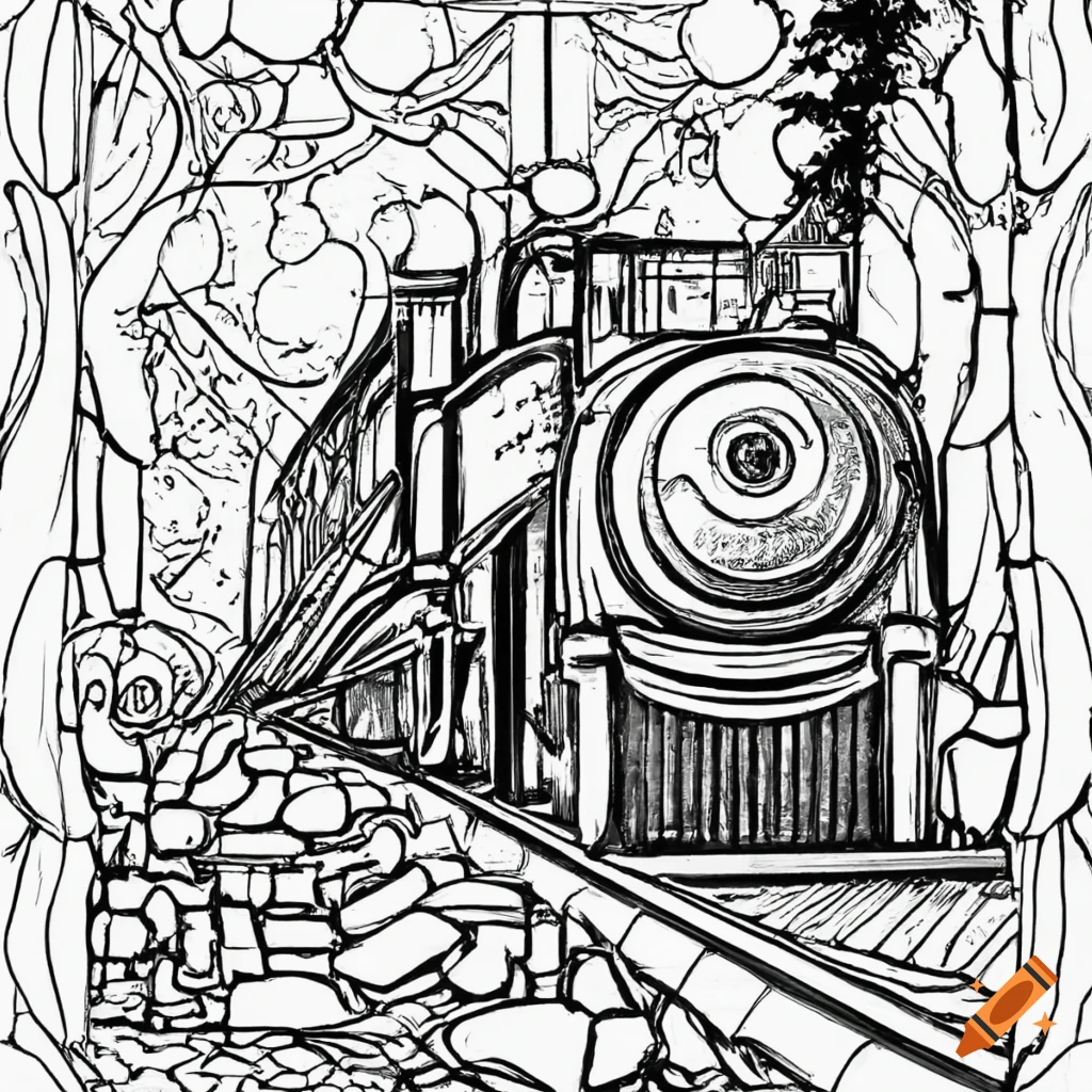 Black and white train falling from a bridge coloring page on Craiyon