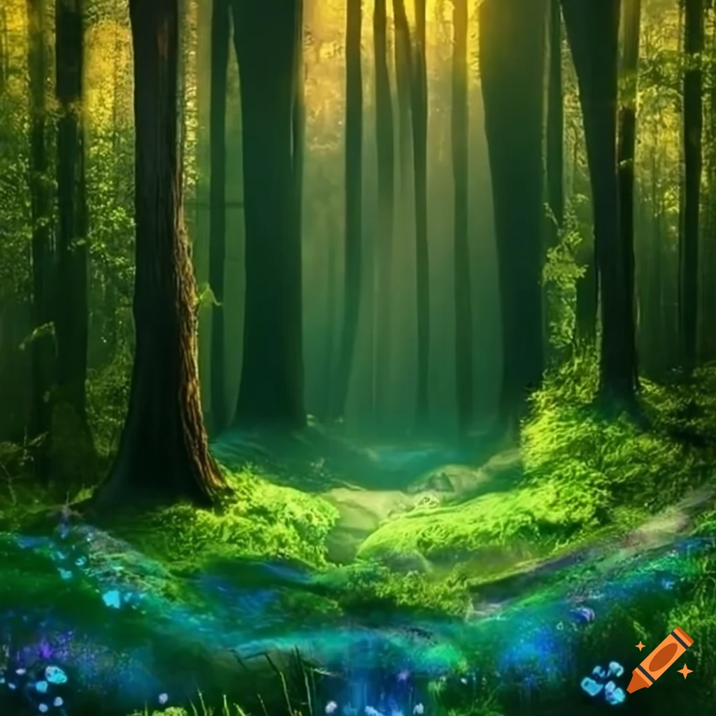 Bright enchanted forest in midday sunshine on Craiyon