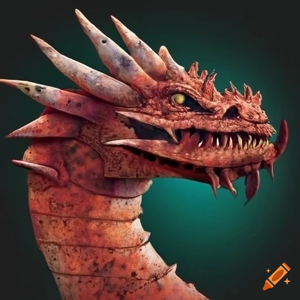 Frontal view of a big red rusty dragon's long neck on Craiyon