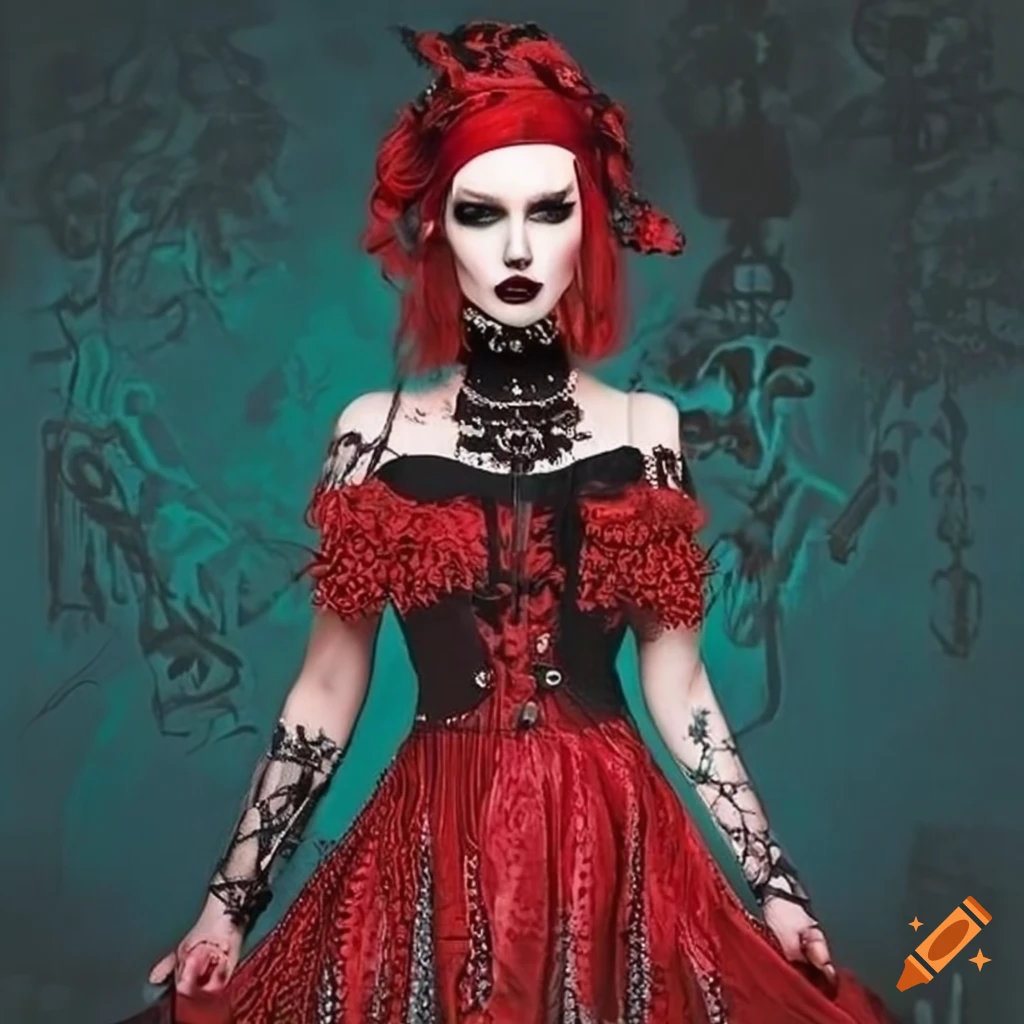 Red and teal goth outfit on Craiyon