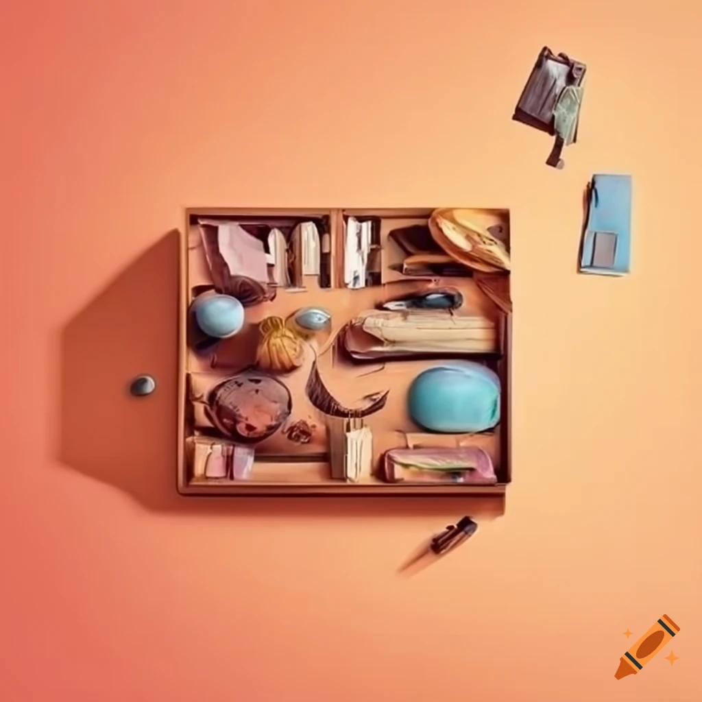 Aerial view of a drawer filled with strange imaginary objects on Craiyon