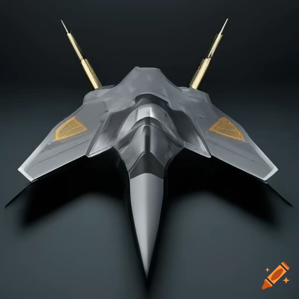Hyper-realistic render of stealth n1 interceptor in gunmetal grey with gold squadron markings on ...
