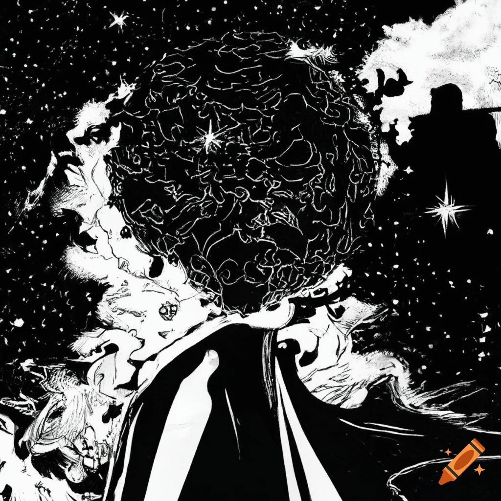 Monochrome manga panel of an angel bursting into stars on Craiyon