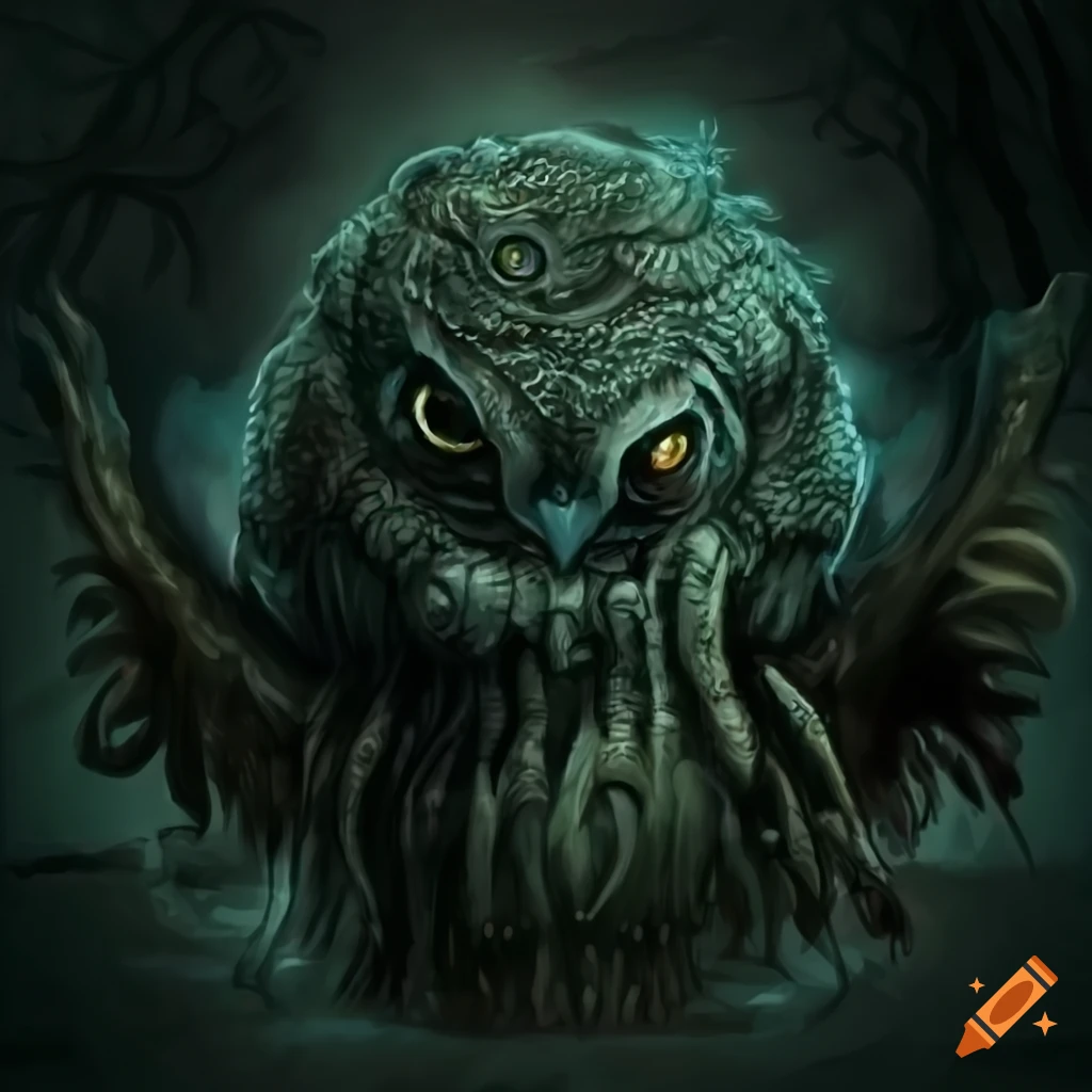 Cthulhu owl hybrid in a dark and horror-themed artwork on Craiyon