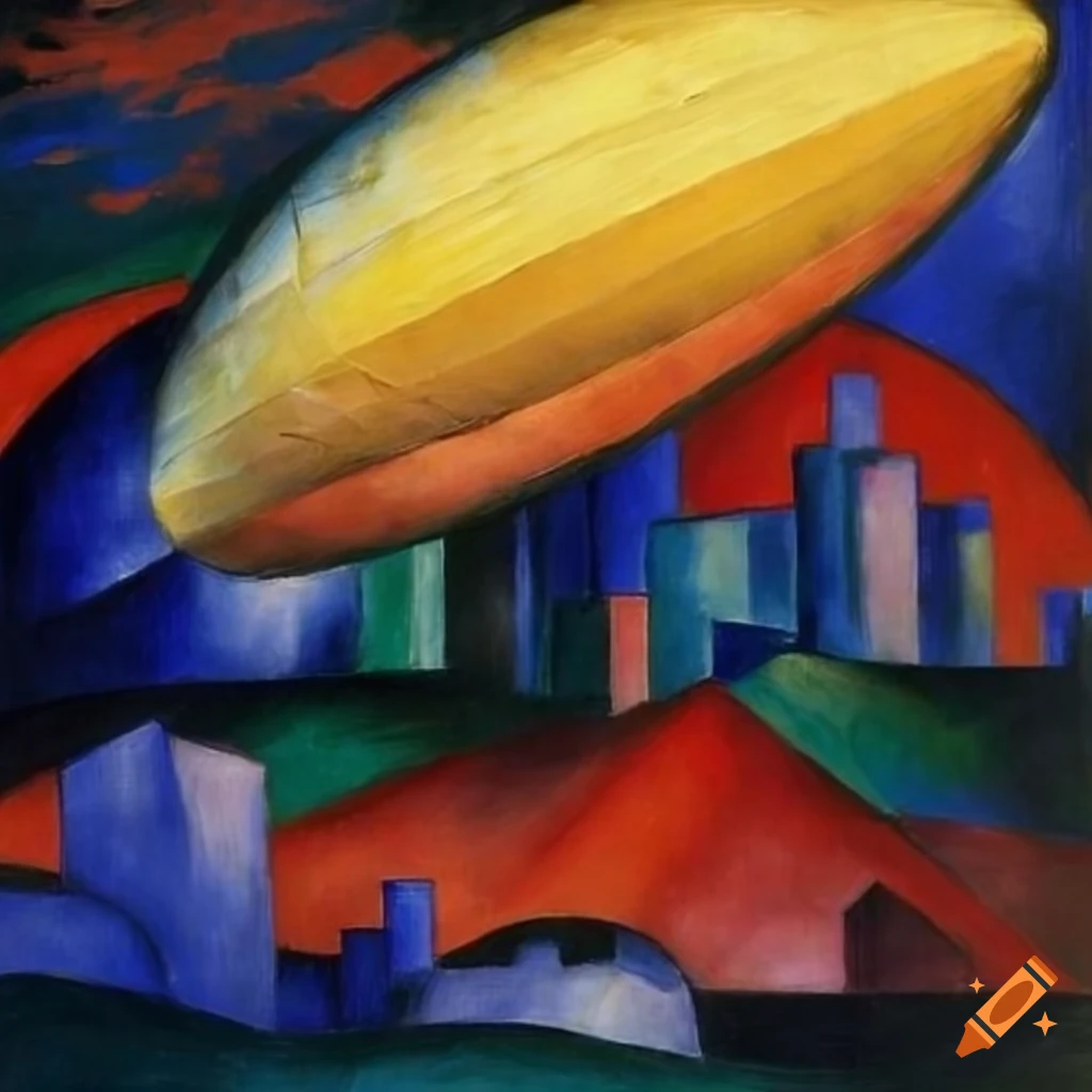 Zeppelin flying over a city, painting by franz marc on Craiyon