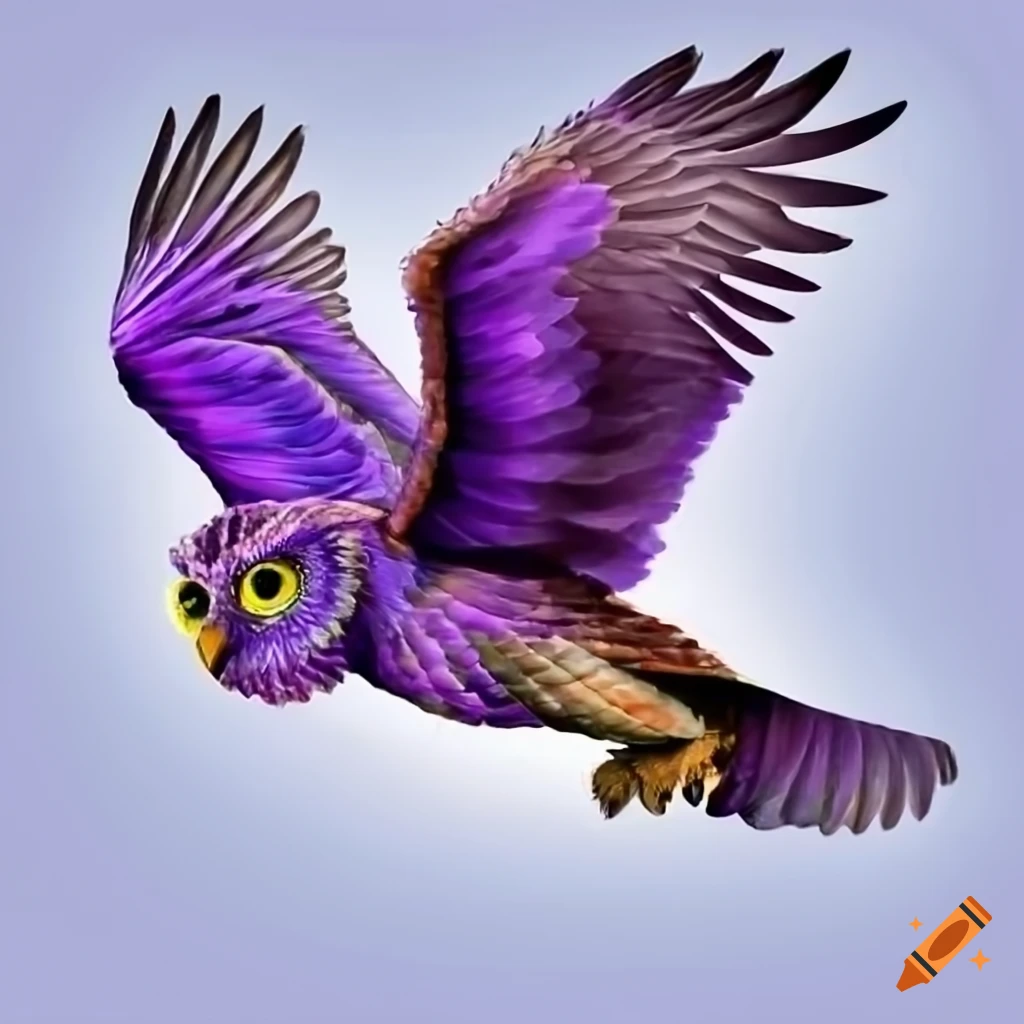 Purple owl in flight on Craiyon