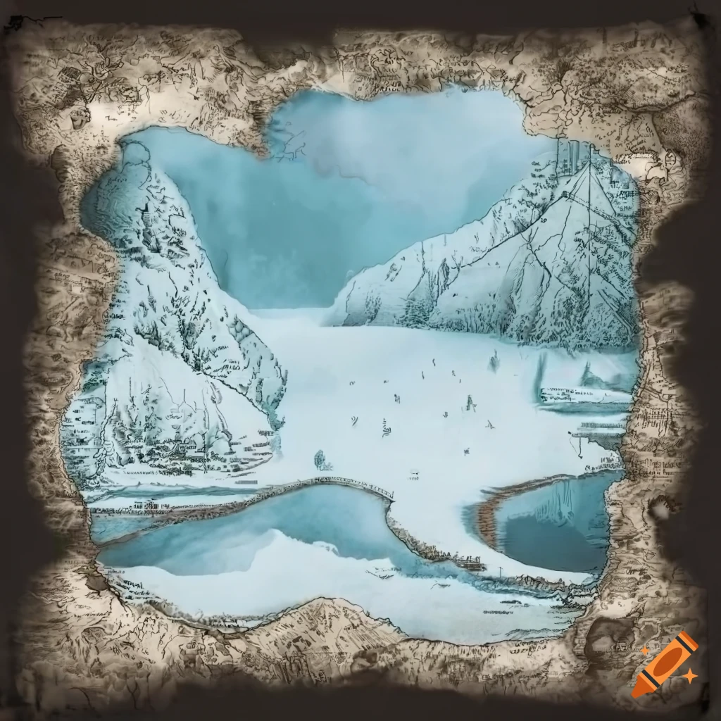 Snow landscape pirate map with frozen river, forest, and mountain on ...
