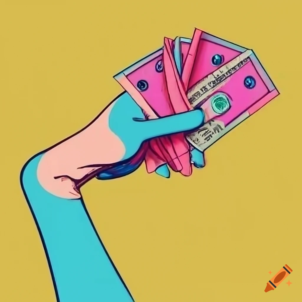 Hand holding colorful money notes in pop art style on Craiyon