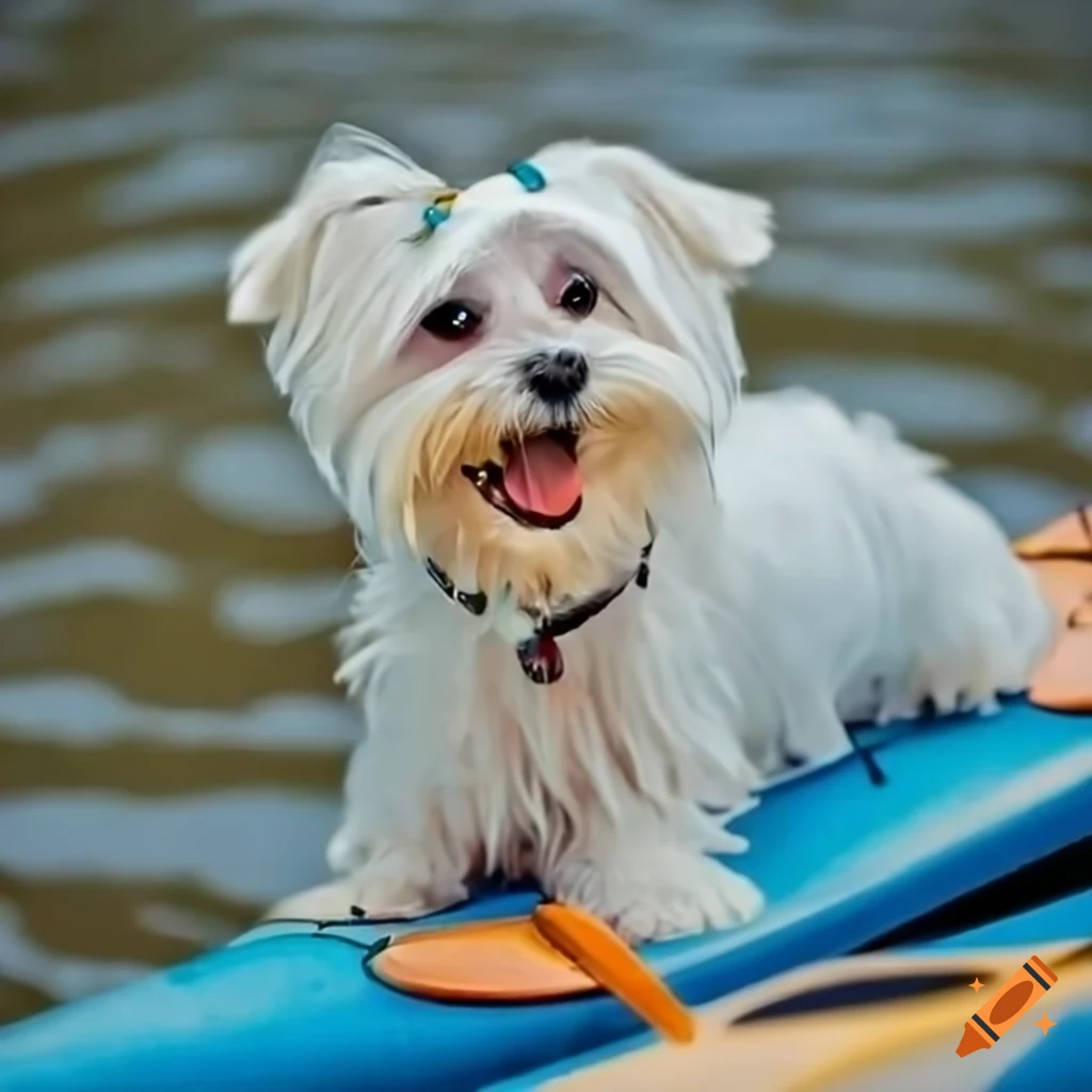 Smiling maltese dog with river and kayak in the background on Craiyon