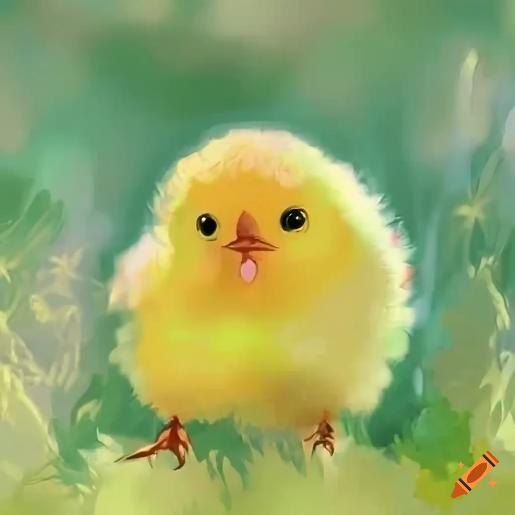 Fluffy yellow chick in a sun-dappled garden with spring flowers on Craiyon