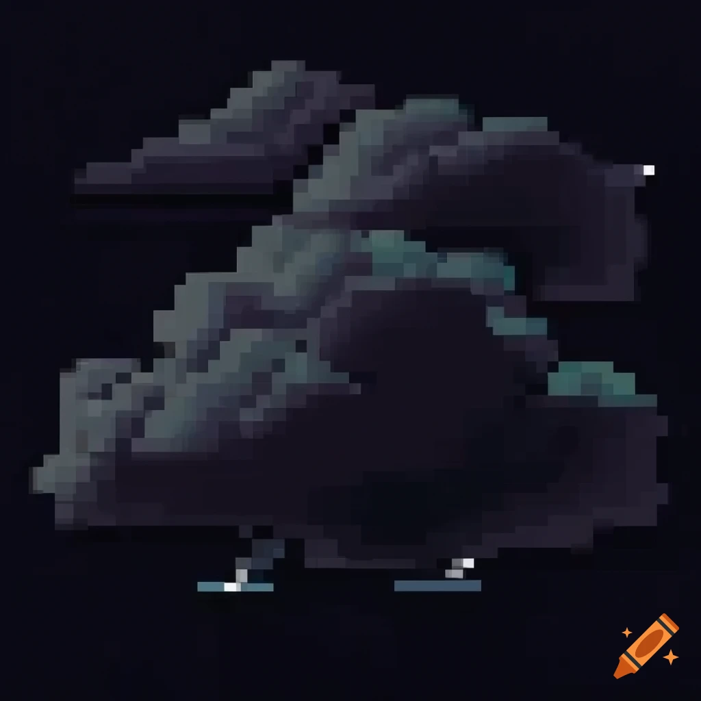 Pixel art of a storm cloud in a thunderstorm on a black background on Craiyon