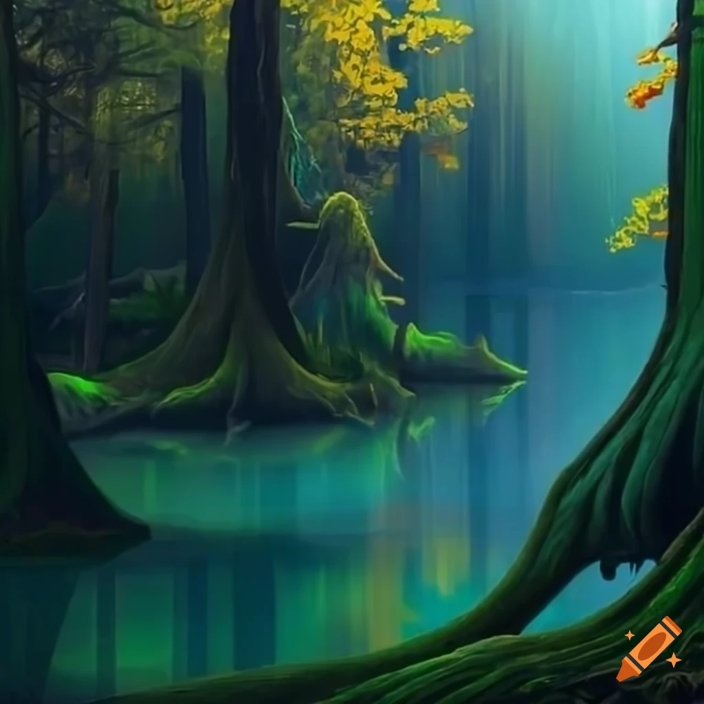 Enchanted saltwater mountain lake surrounded by an eerie forest at the ...