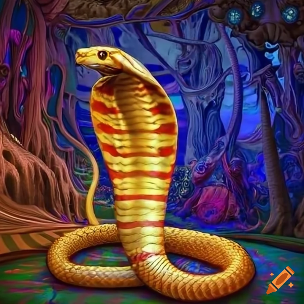 Psychedelic golden cobra in a surrealistic cavern with 70's style vibes ...
