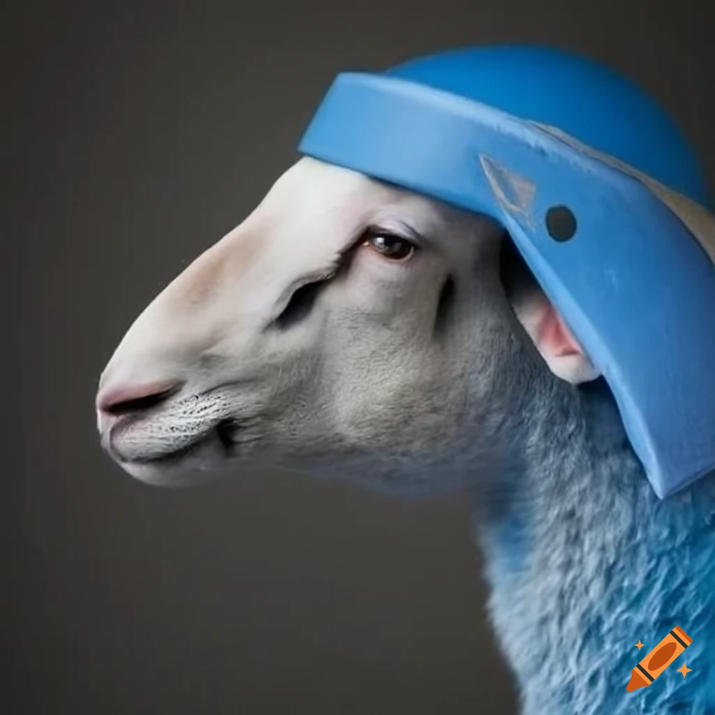Sad goat with a blue helmet on its head on Craiyon