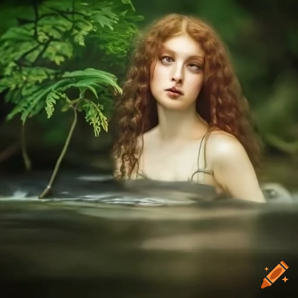 Beautiful Ophelia with flowers in a forest river on Craiyon