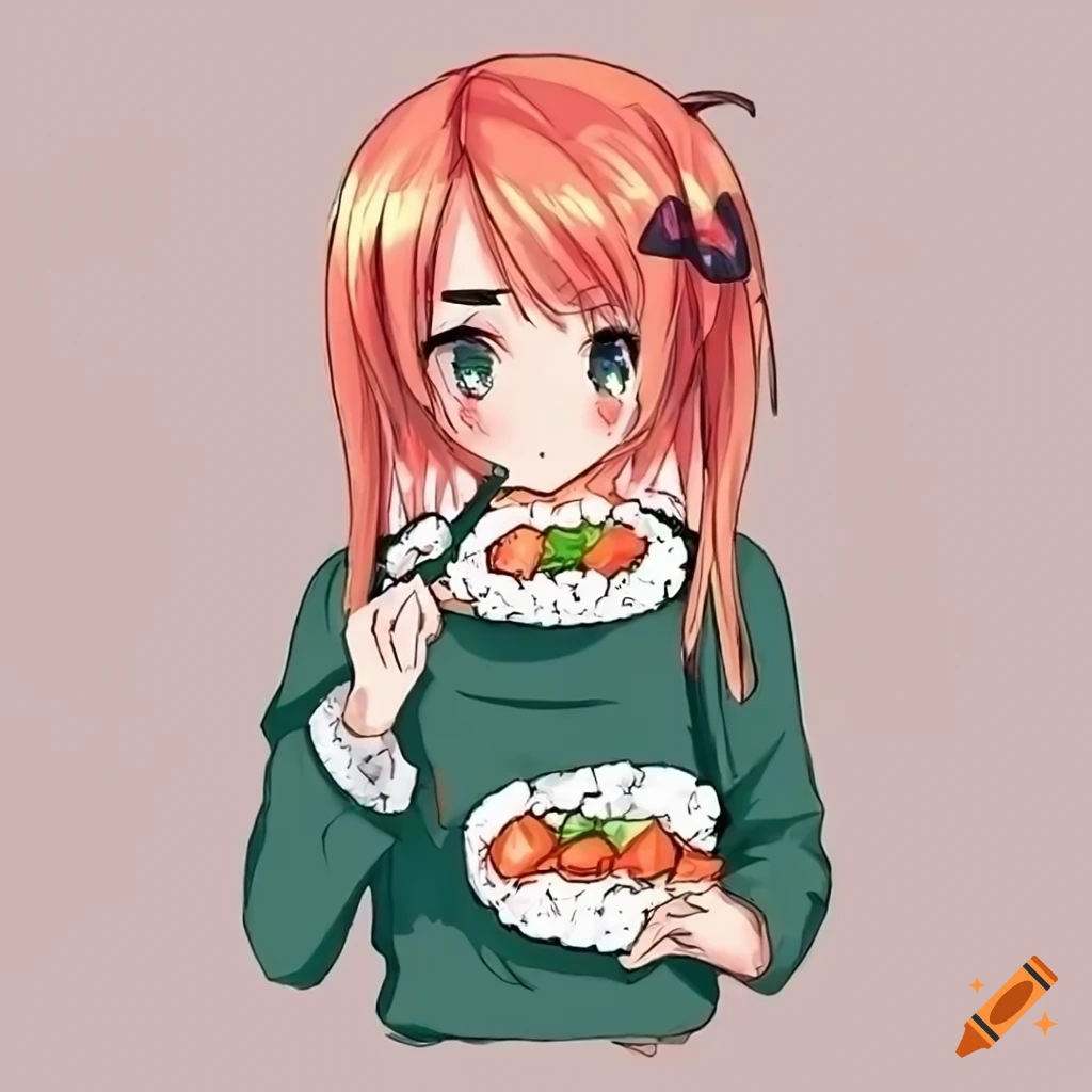Anime girl enjoying sushi on Craiyon