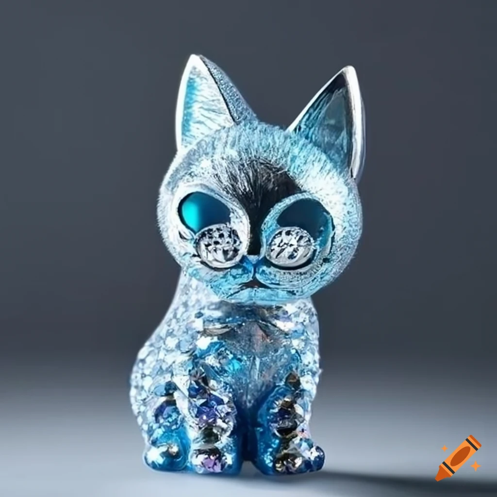 Sleek silver and crystal feline figure with blue striped fur on Craiyon