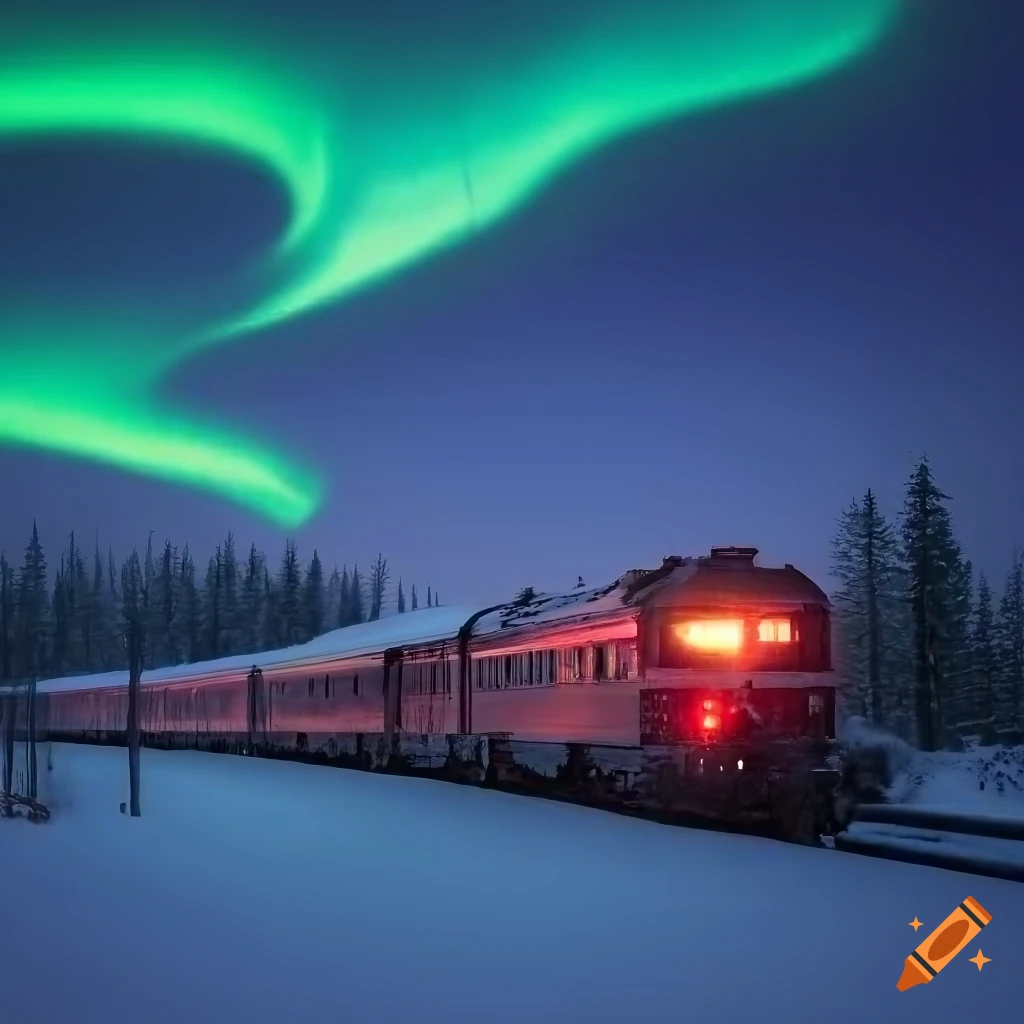 Lapland landscape with polar express train and northern lights on Craiyon