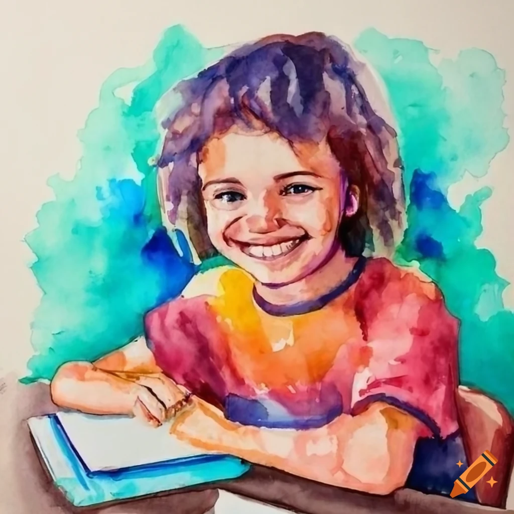 Smiling student sitting at a desk in a watercolor portrait on Craiyon