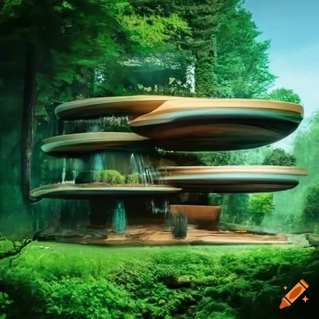 Maison futuriste dans la forêt avec cascade naturelle et installations ...