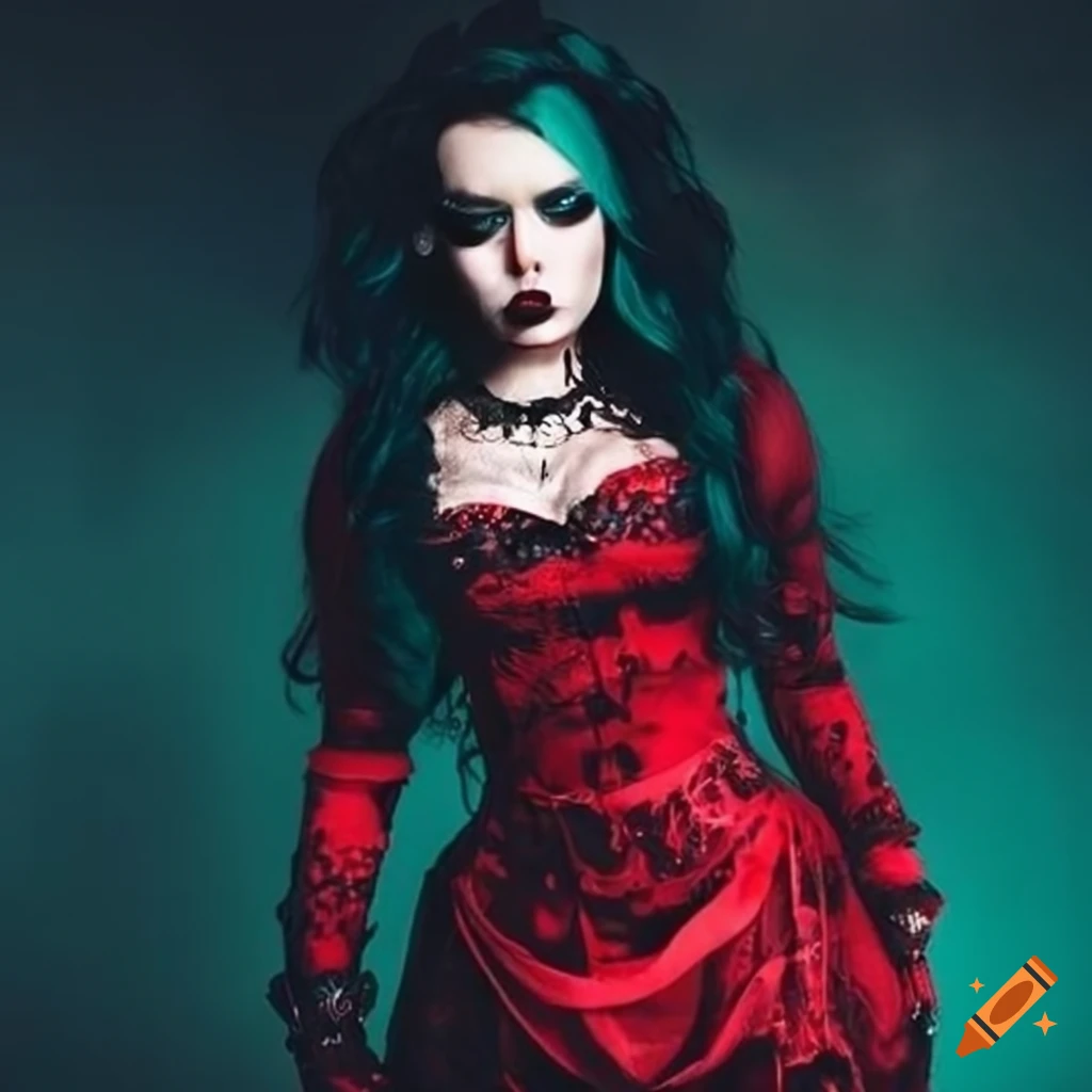 Red and teal goth outfit on Craiyon