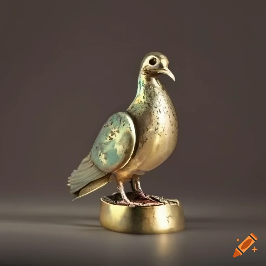 Tarnished brass pigeon with a winding key on its back on Craiyon