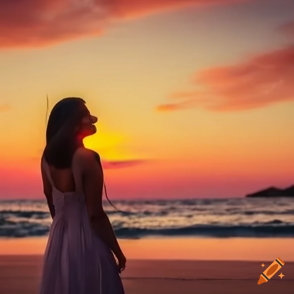 Young woman enjoying a beautiful beach sunset on Craiyon